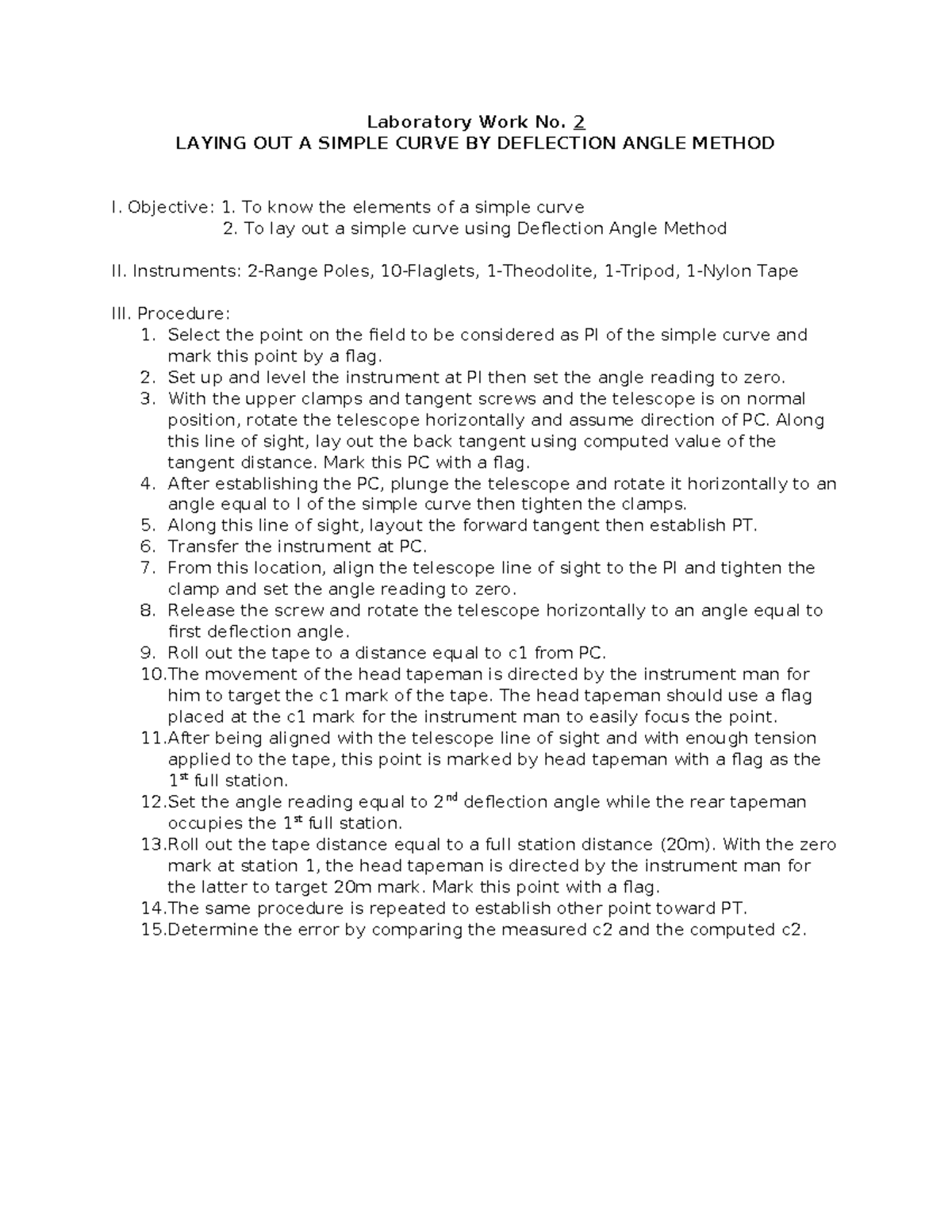 Laboratory Work No. 2: Simple Curve Layout Using Deflection Angles - Studocu