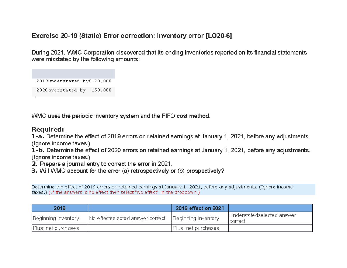 Exercise 20-19 - Inventory Error Correction Analysis - Homework - Studocu