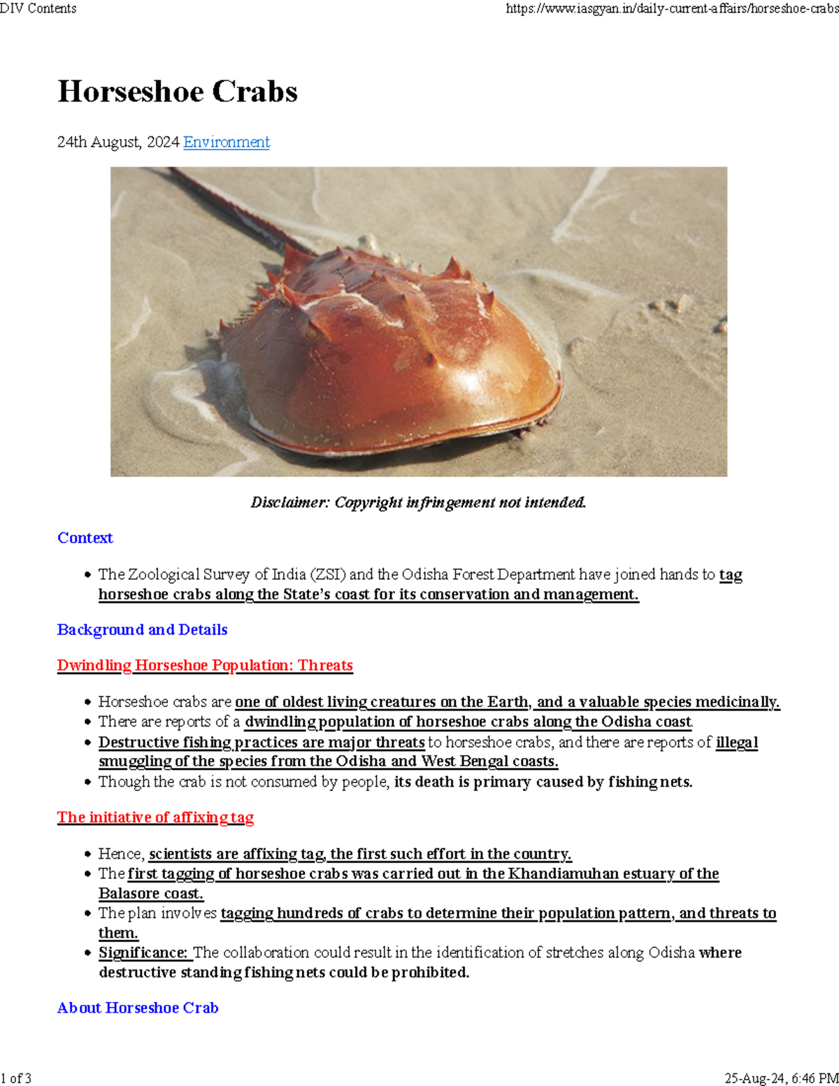 Conservation Efforts for Horseshoe Crabs: A Critical Overview - Studocu