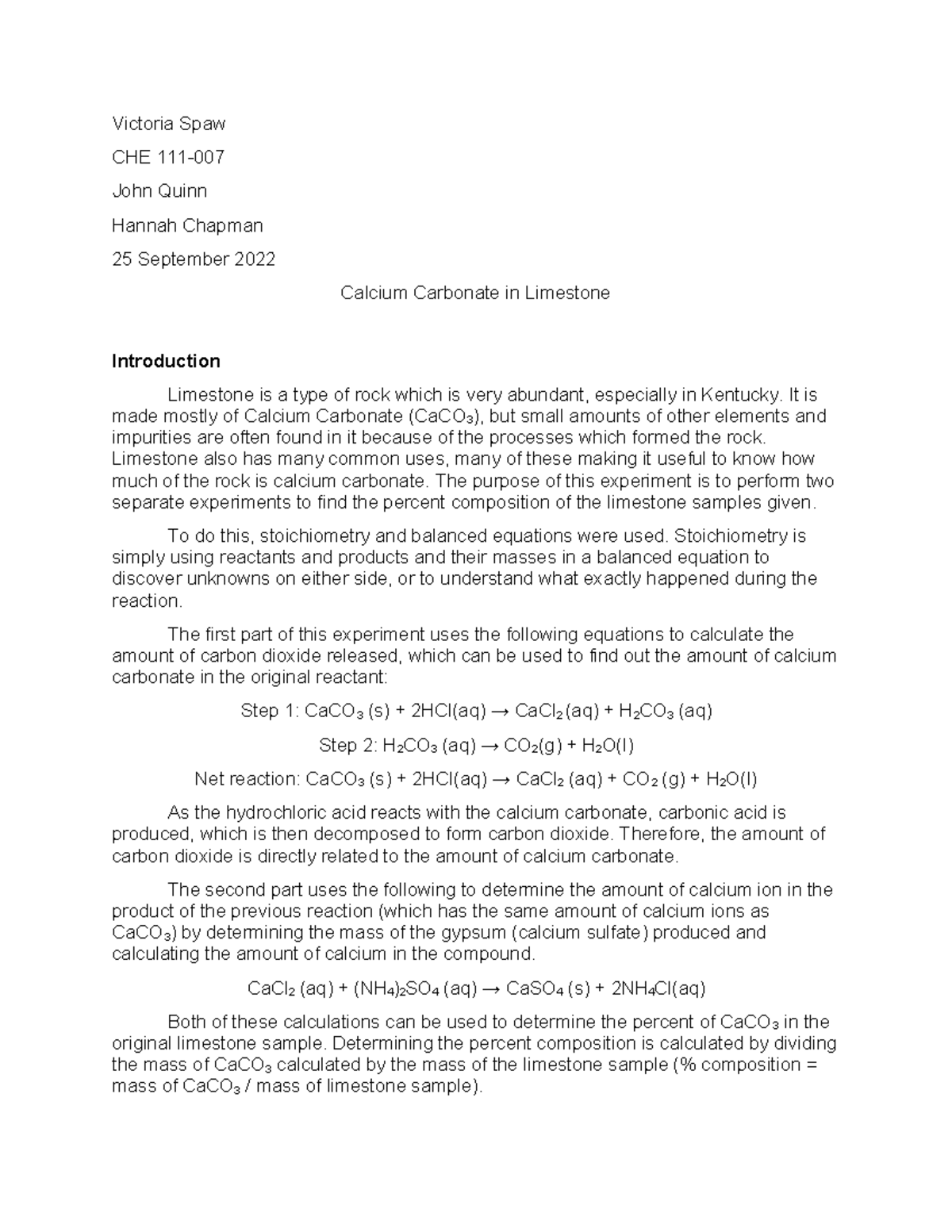 Lab 3 Report: Determination of Calcium Carbonate in Limestone - CHE111 ...