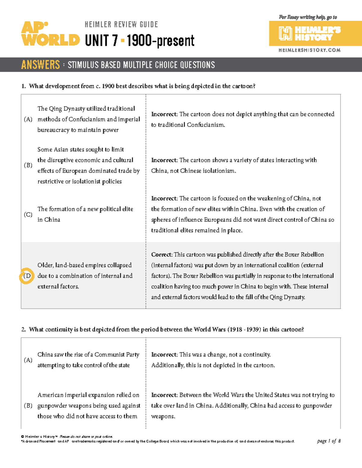 AP World History Review Guide Unit 7: MCQ Answers and Explanations ...