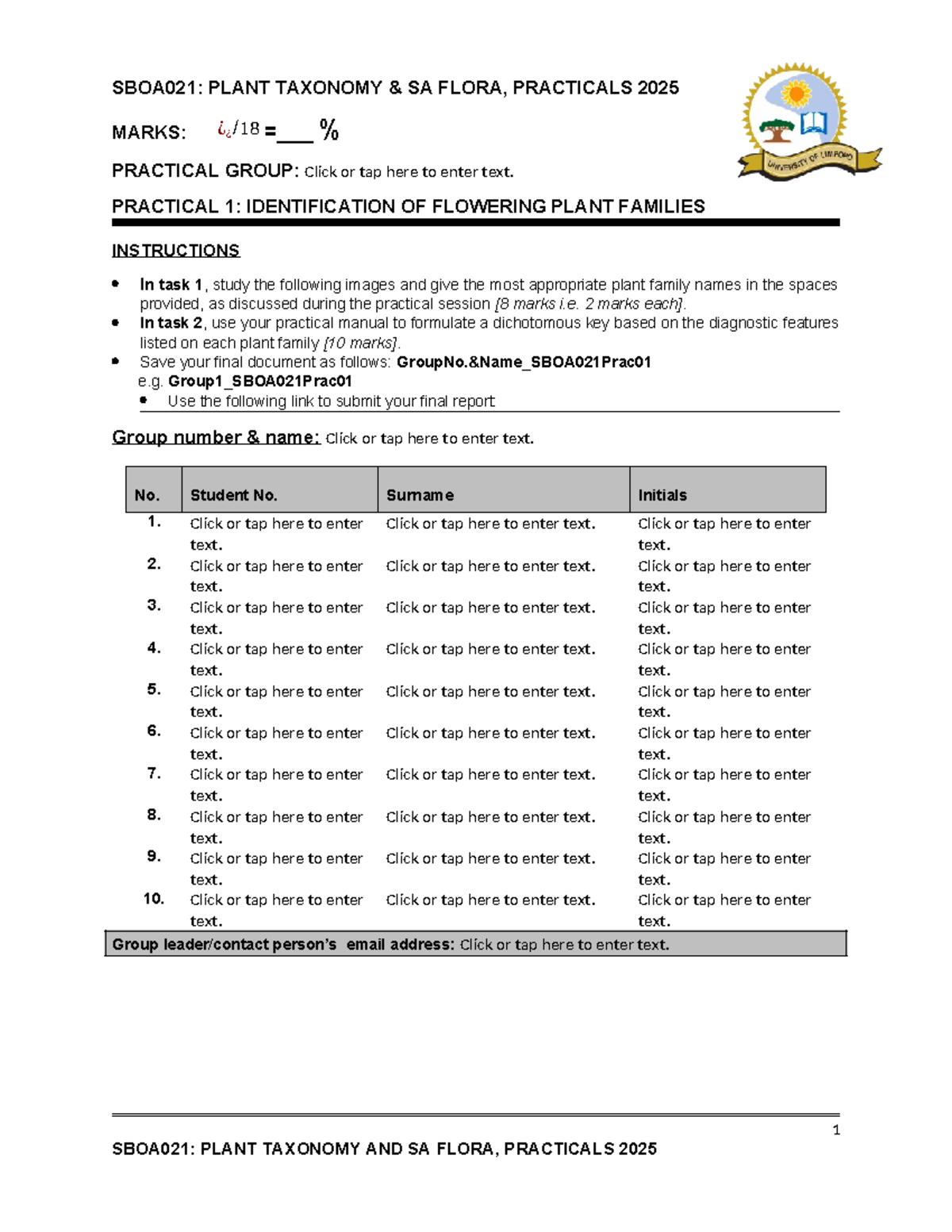 SBOA021 Practical 1: Identification of Flowering Plant Families Report ...