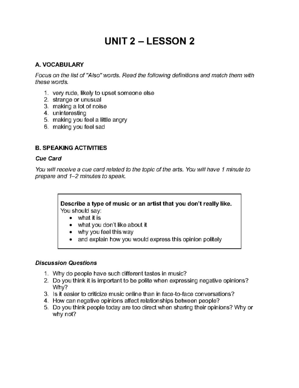UNIT 2 - Lesson 2 - Vocabulary & Speaking Activities - Studocu