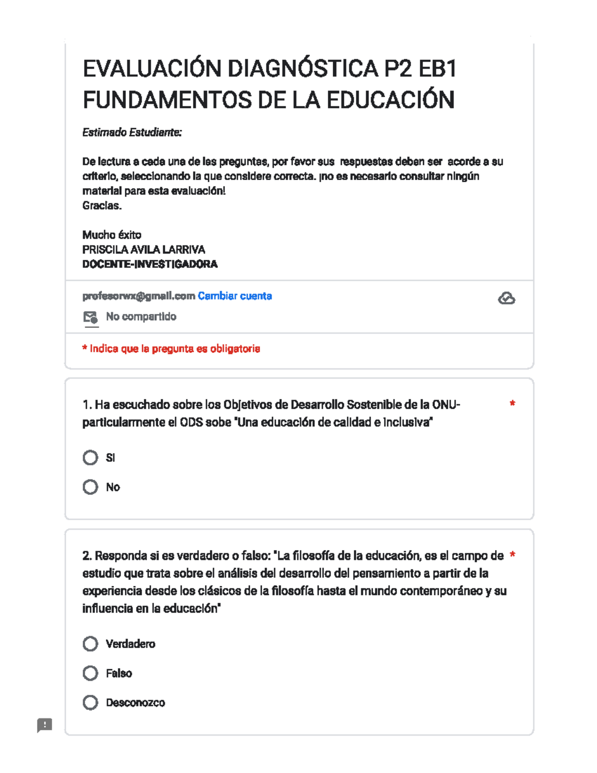 Diagnostico fundamentos de la educacion - EVALUACIÓN DIAGNÓSTICA P2 EB1 FUNDAMENTOS DE LA ...