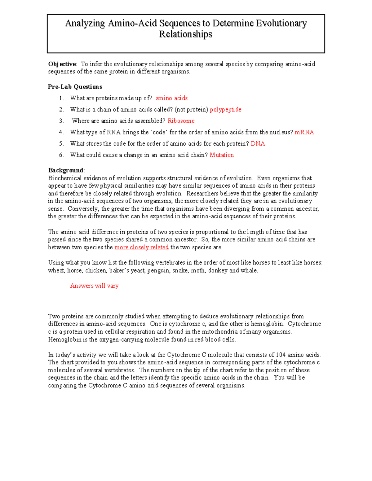03 Amino Acid Sequencing: Analyzing Evolutionary Relationships Answer ...