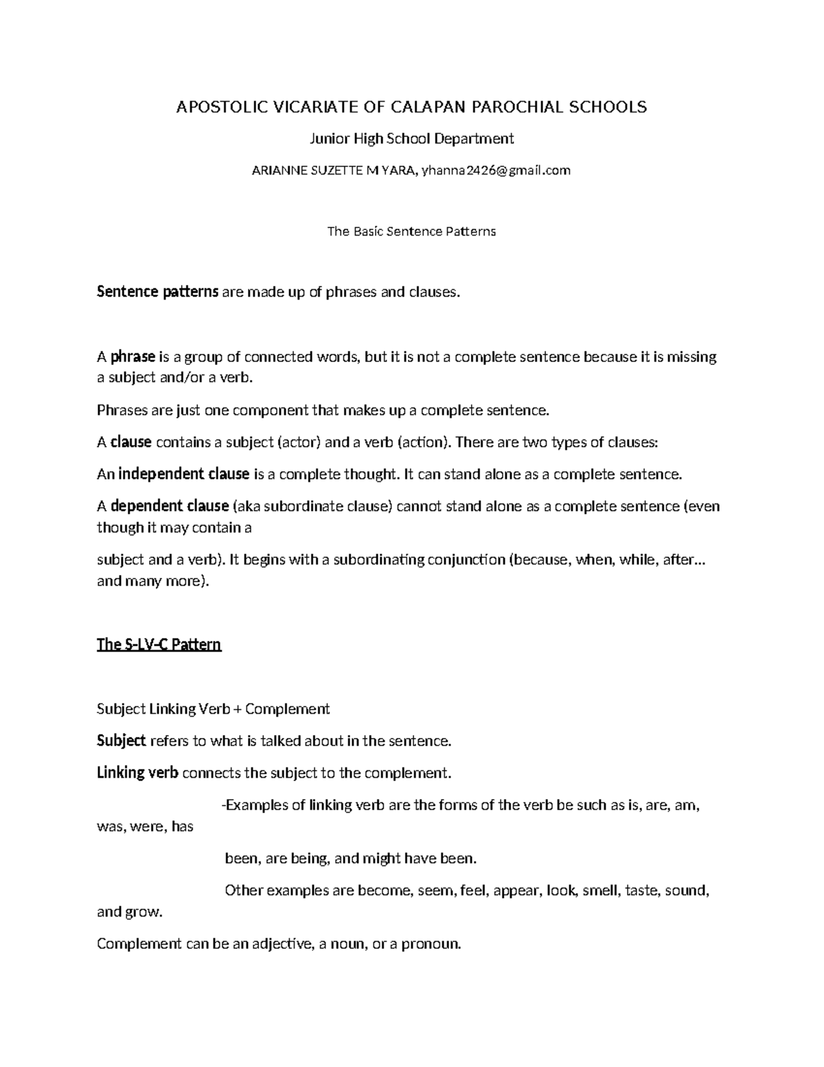 APOSTOLIC VICARIATE CALAPAN JHS Basic Sentence Patterns Guide - Studocu