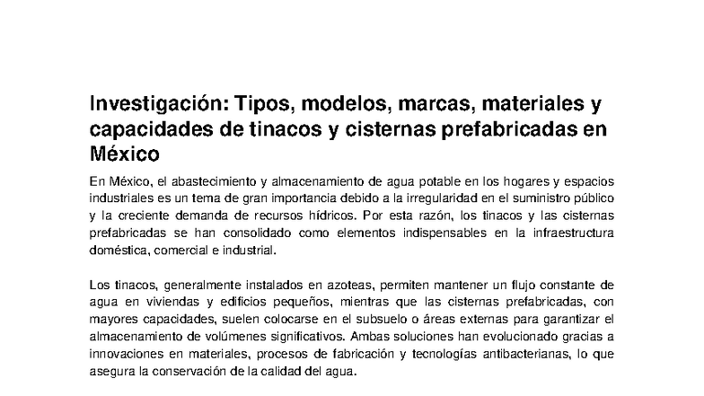 Investigación Sobre Tinacos Y Cisternas En México Tipos Y Materiales
