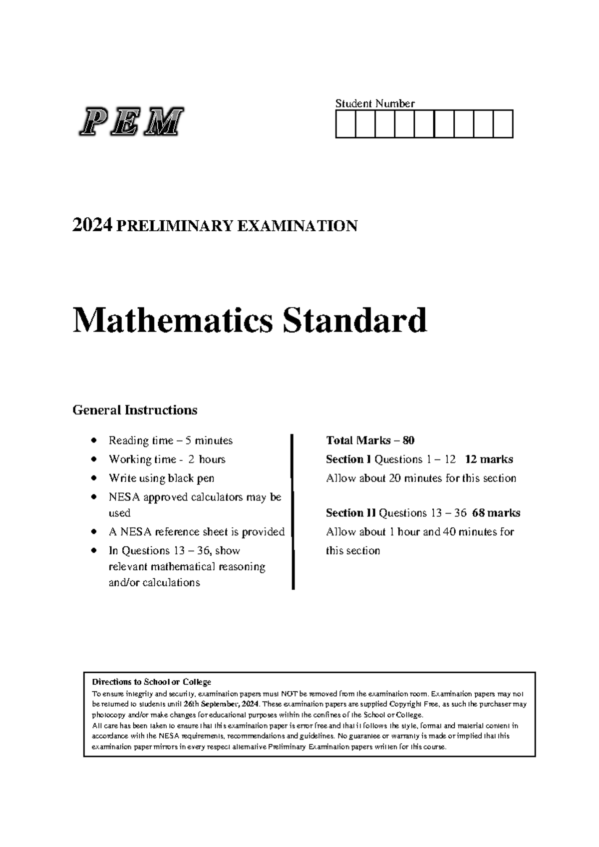 PEM 2024 Mathematics Standard Preliminary Exam Paper - Studocu
