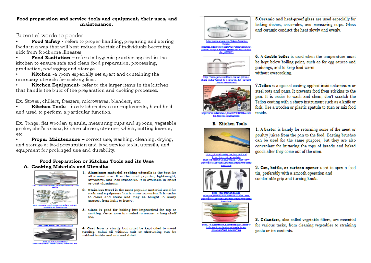 FCS 101: Food Prep Tools & Equipment - Usage and Maintenance Notes ...