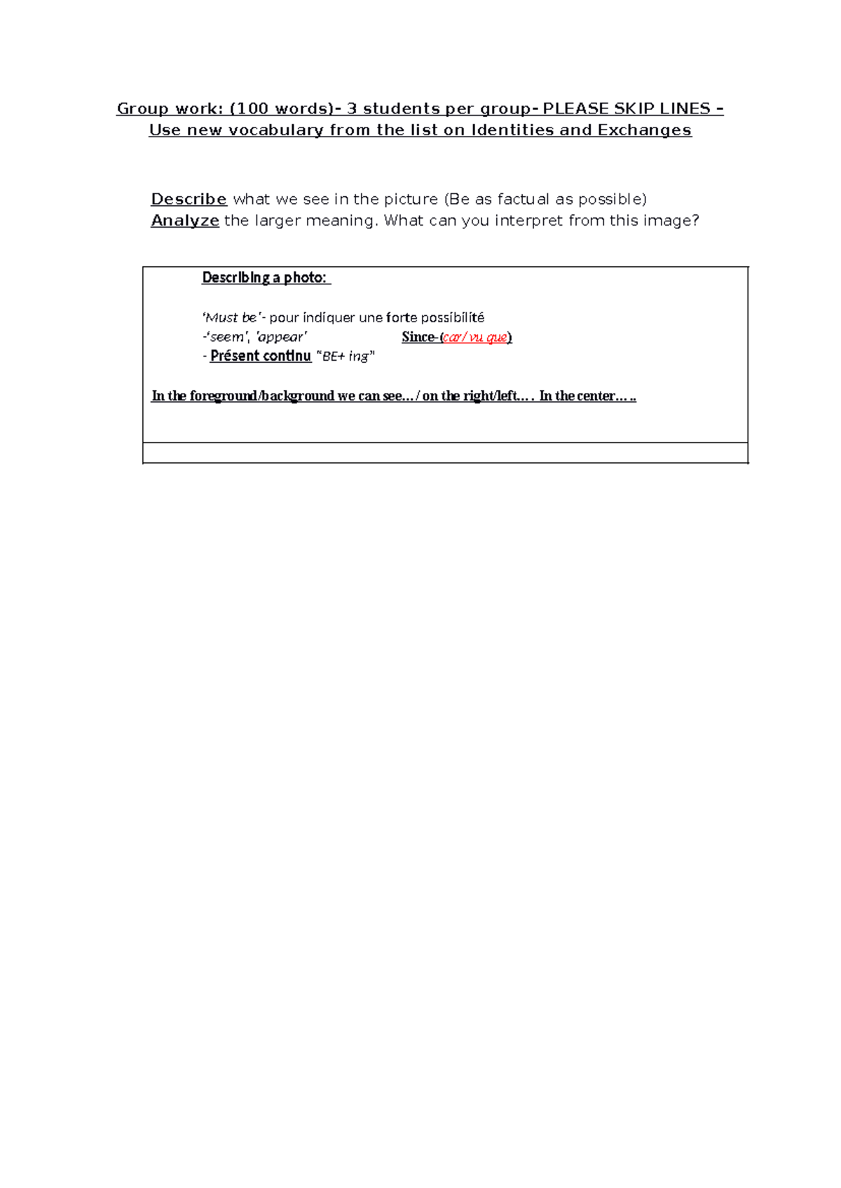 Identities and Exchanges- Describing a picture - Group work: (100 words ...