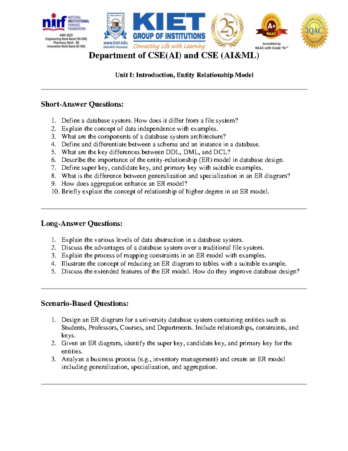 DBMS Quiz Unit I: ER Model & Database Concepts - Studocu