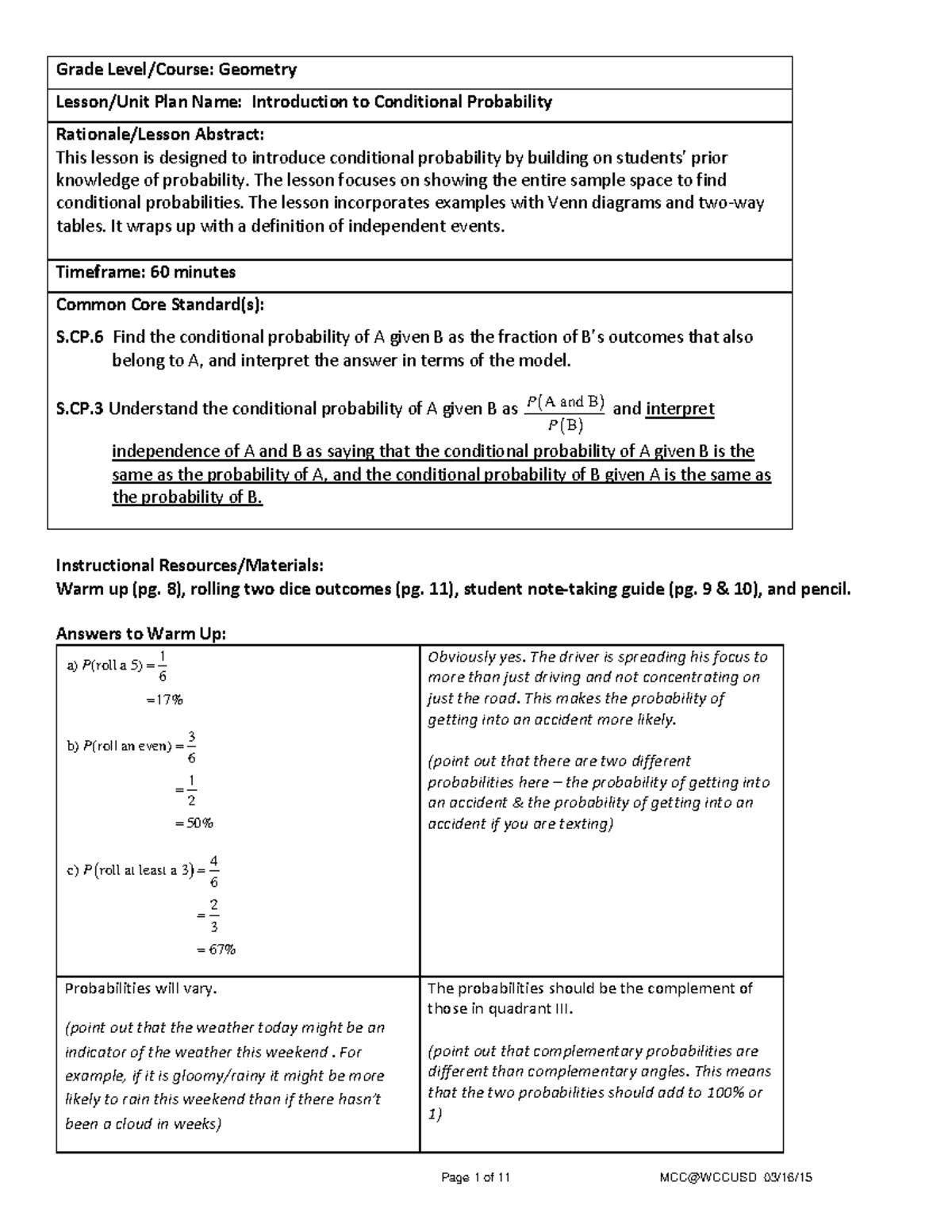 Geometry Conditional Probability 2014 15 v2 - Grade Level/Course ...
