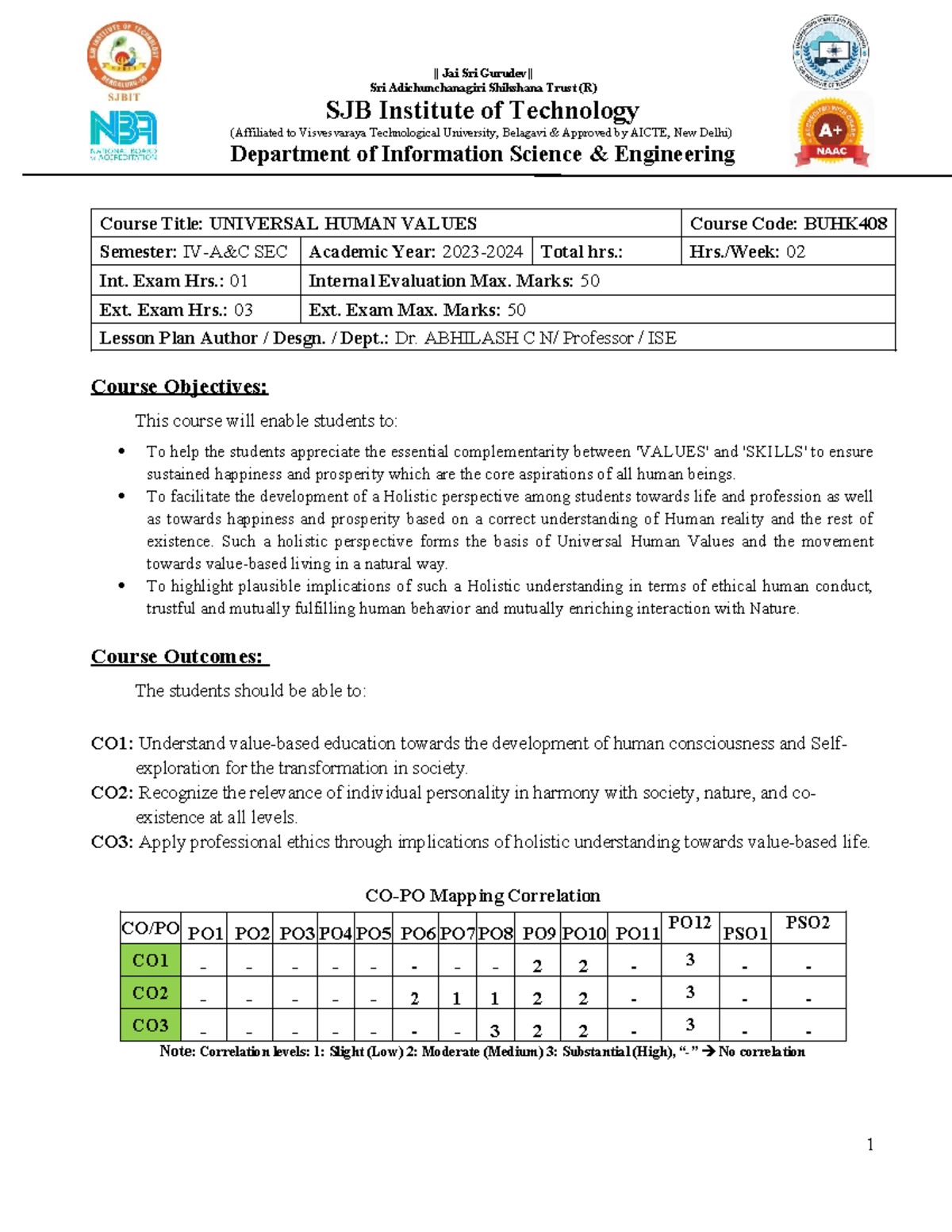 21UHV49 - Understanding Harmony & Ethical Human Conduct Lesson Plan ...