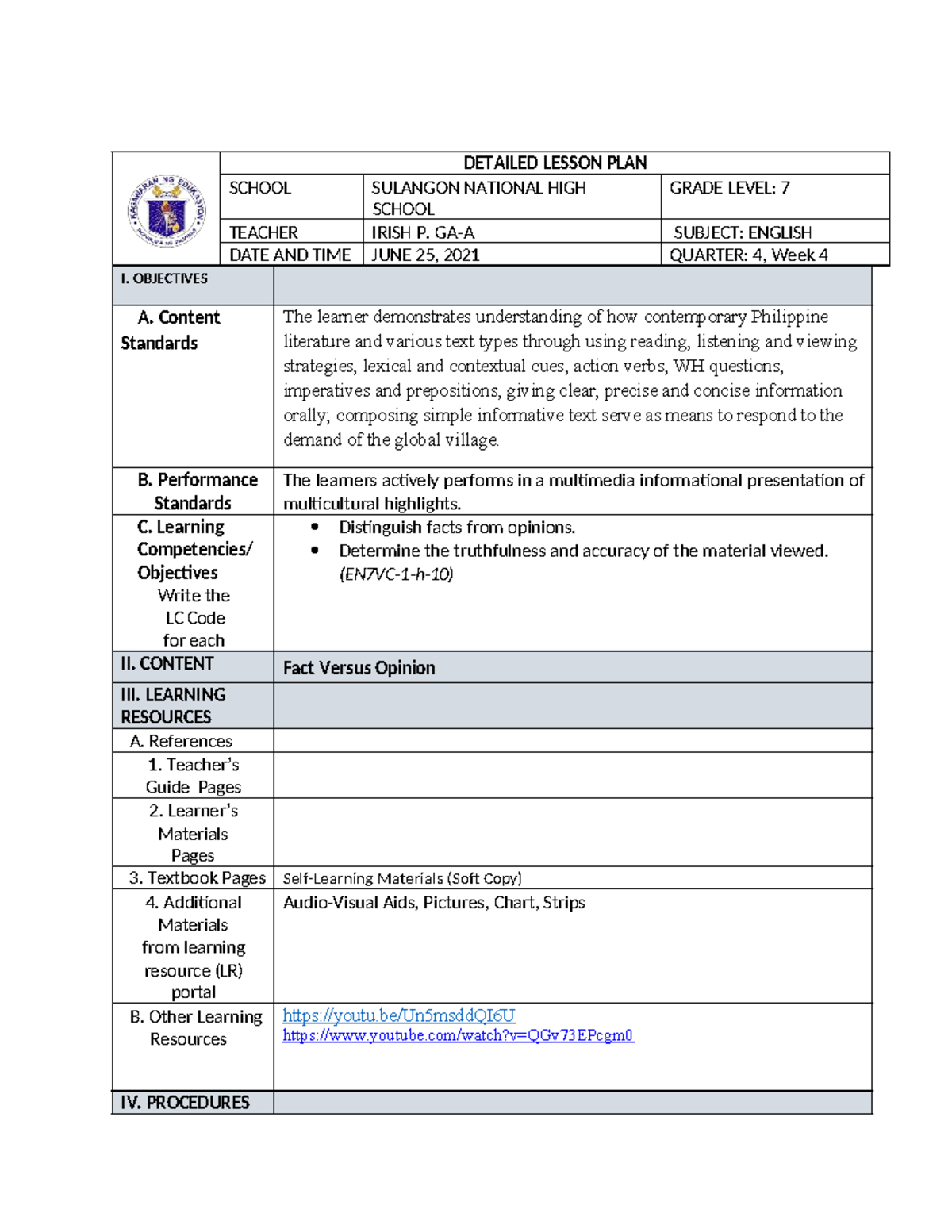 Grade 7 English Lesson Plan: Facts vs. Opinion (Quarter 4, Week 4 ...
