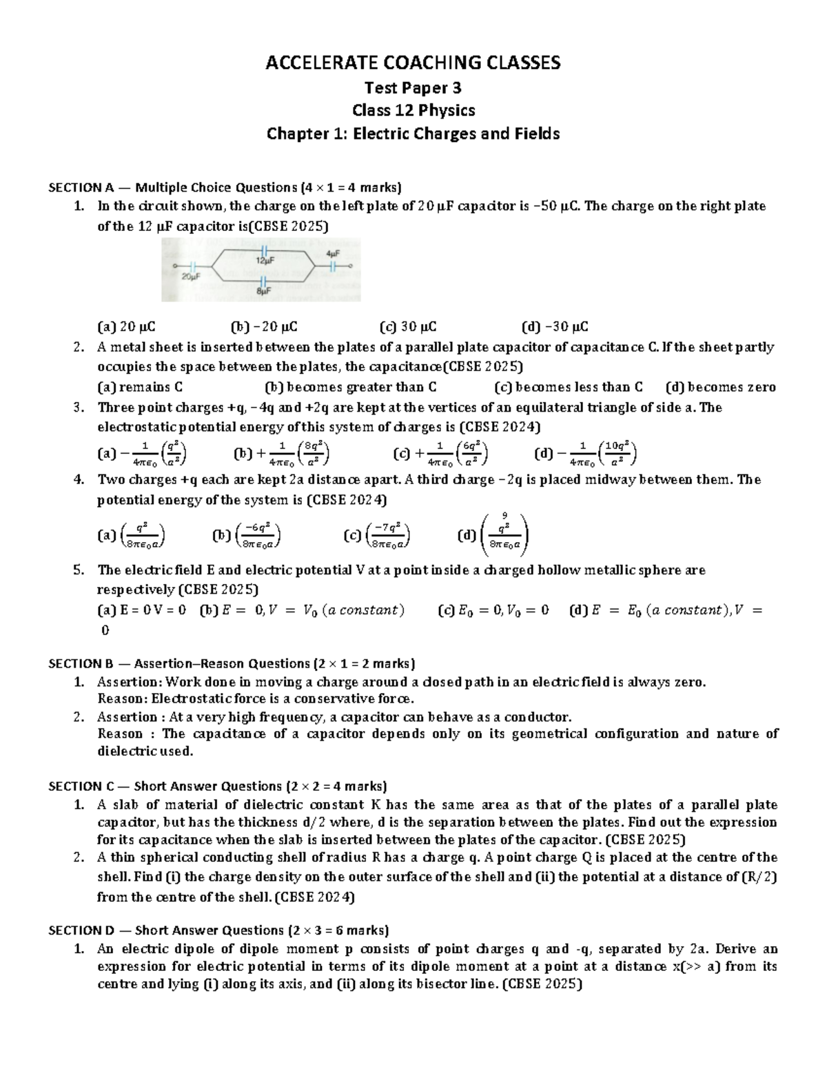 ACCELERATE COACHING CLASSES Class 12 Physics Test Paper 3: Electric ...