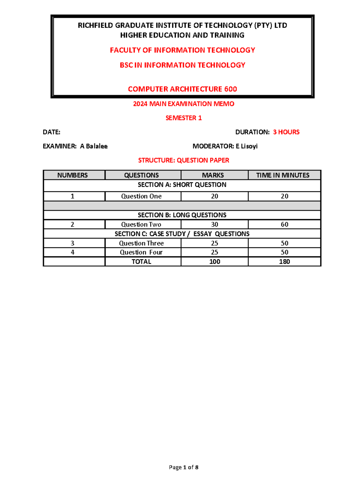 BSC IT 600 Computer Architecture 2024 Main Exam Memo - Studocu