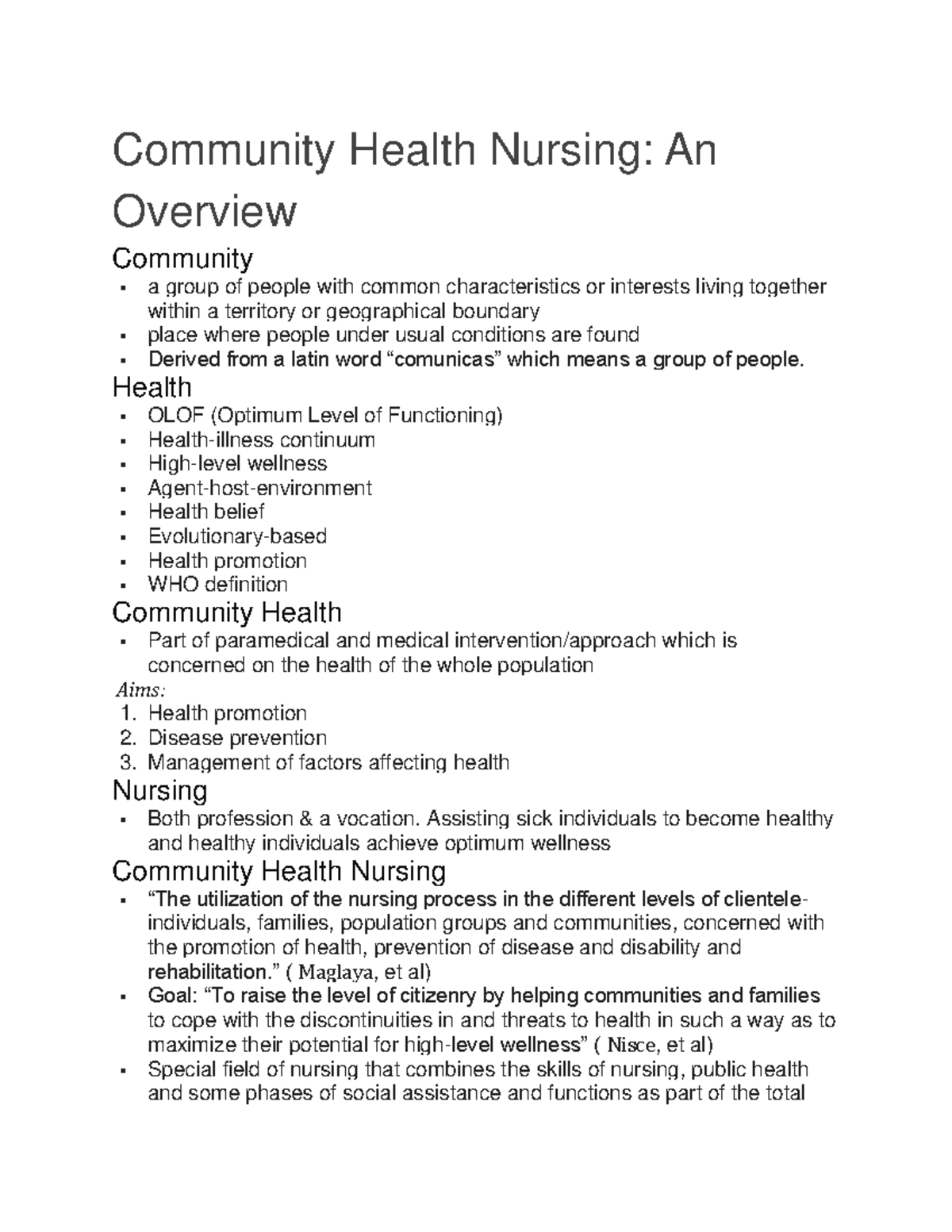 Community Health Nurse Overview Notes - Community Health Nursing: An ...