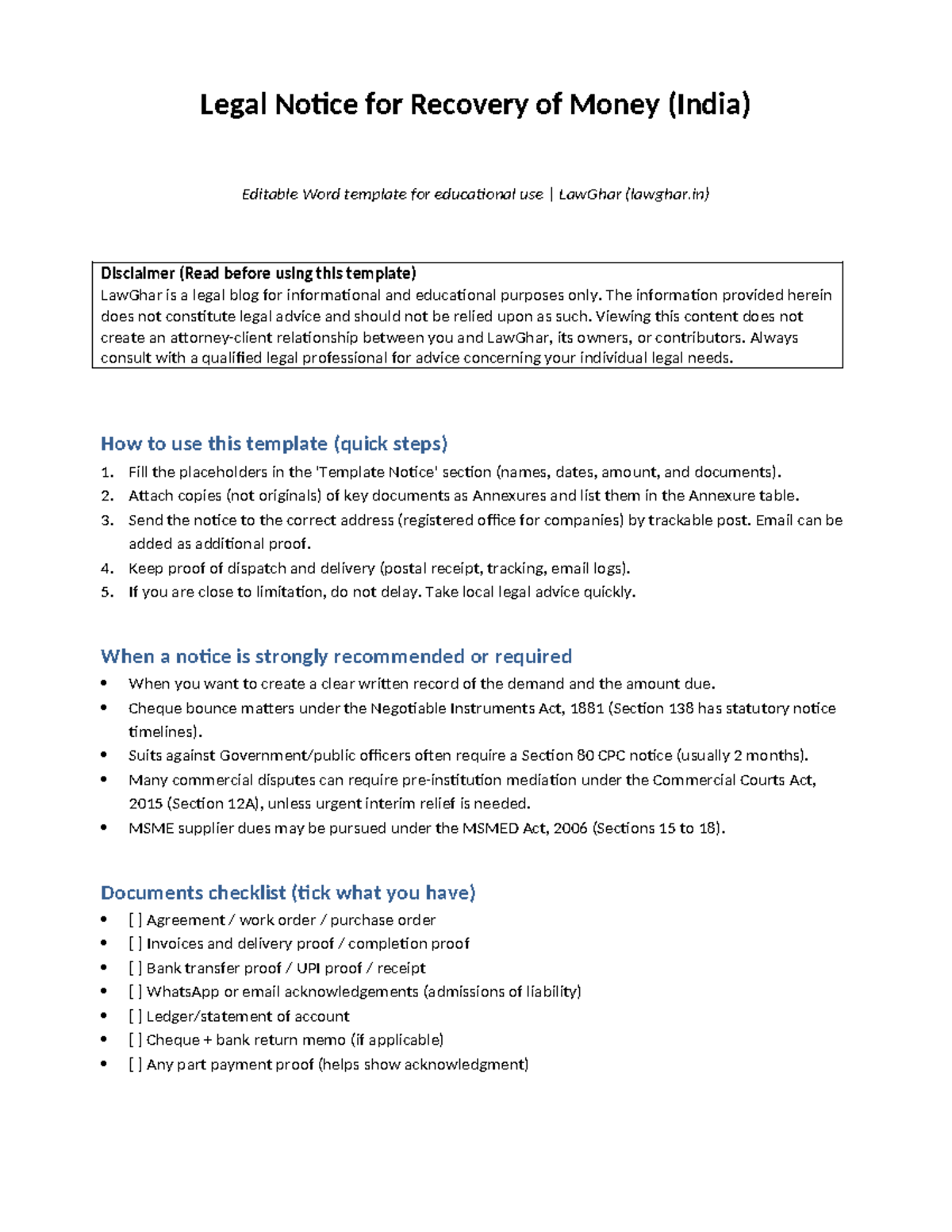 Legal Notice for Recovery of Money Template (LawGhar) - Studocu