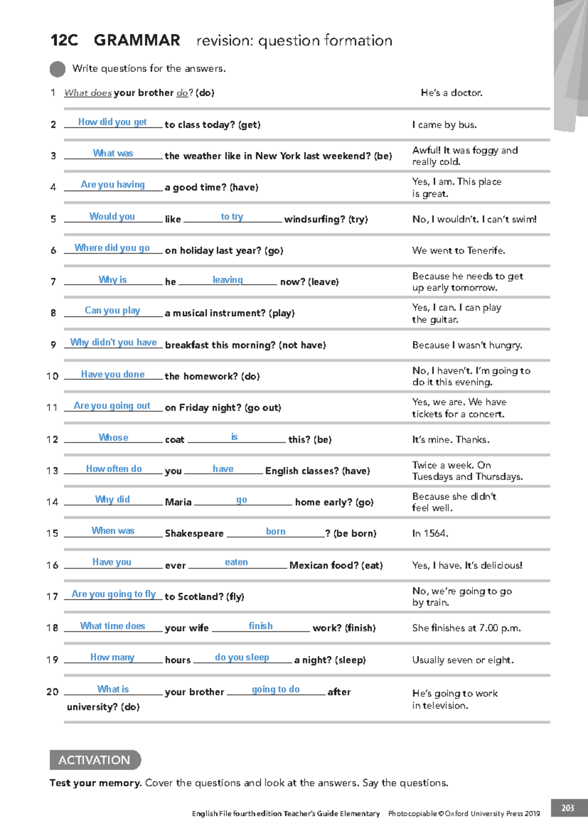12C Grammar Revision: Question Formation Practice for English File 4e ...