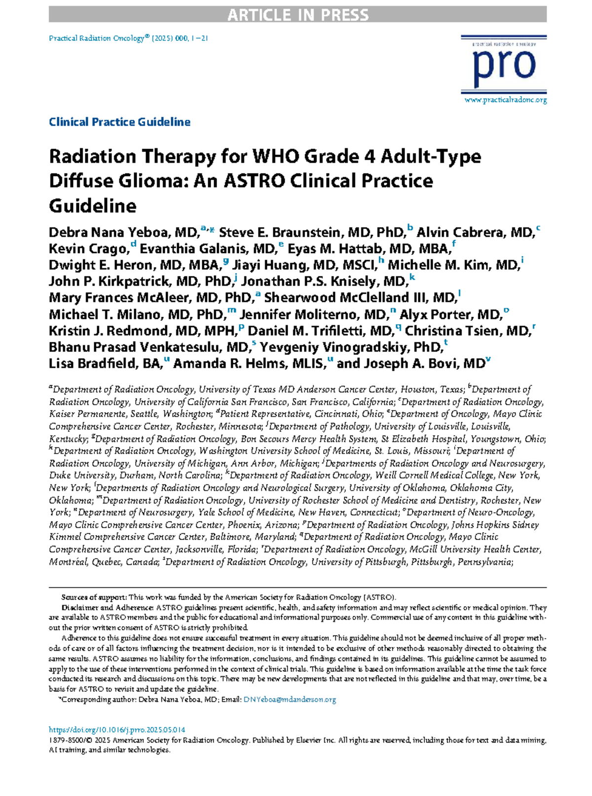 ASTRO Clinical Practice Guideline for Radiation Therapy in WHO Grade 4 ...