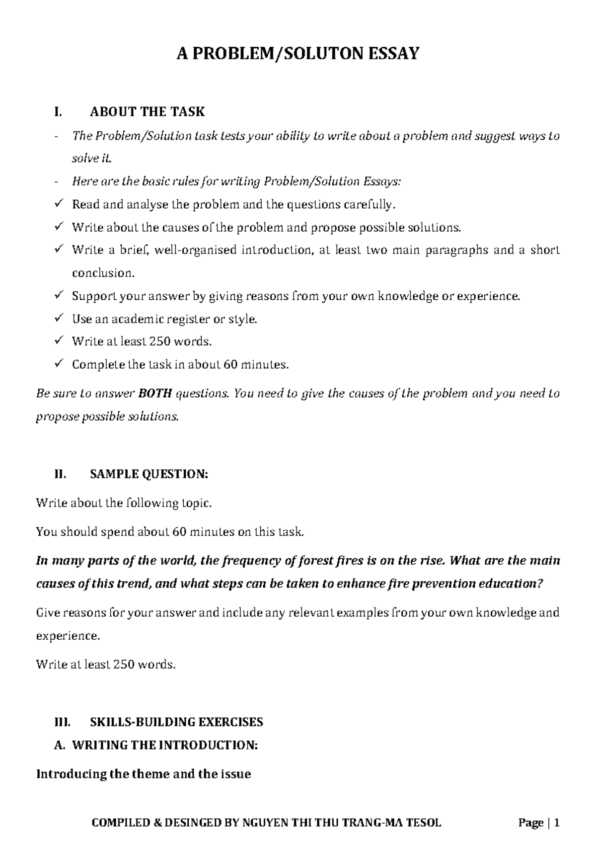 Problem- Solution Essay-1 - A PROBLEM/SOLUTON ESSAY I. ABOUT THE TASK ...