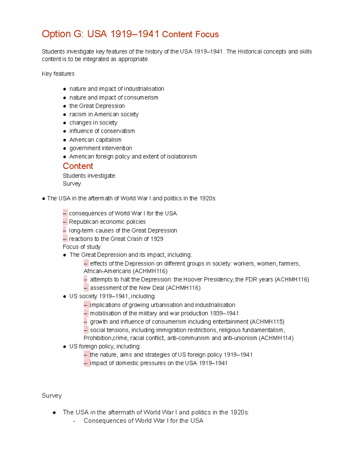 Option G USA 1919–1941 Content Focus - The Historical concepts and ...