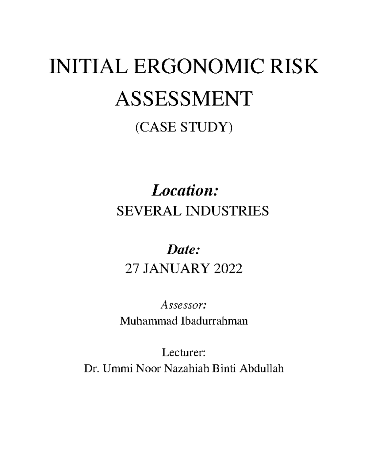 Case Study: Initial Ergonomic Risk Assessment (ERA) in Industries - Studocu