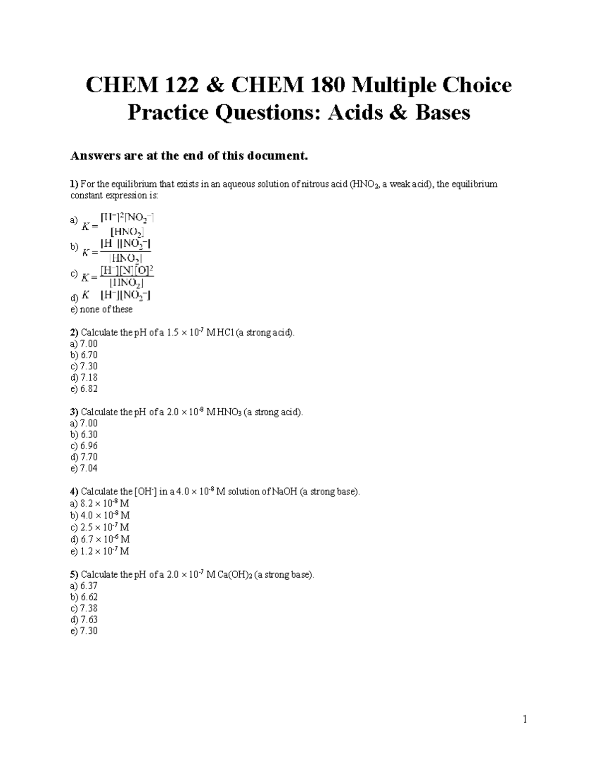 CHEM 122 Multiple Choice Practice: Acids & Bases Questions - Studocu