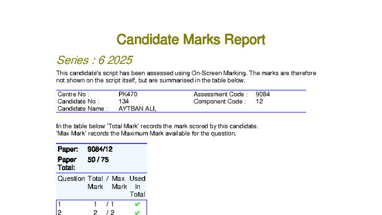 Candidate Marks Report: PK470 9084 - June 2025 - Studocu