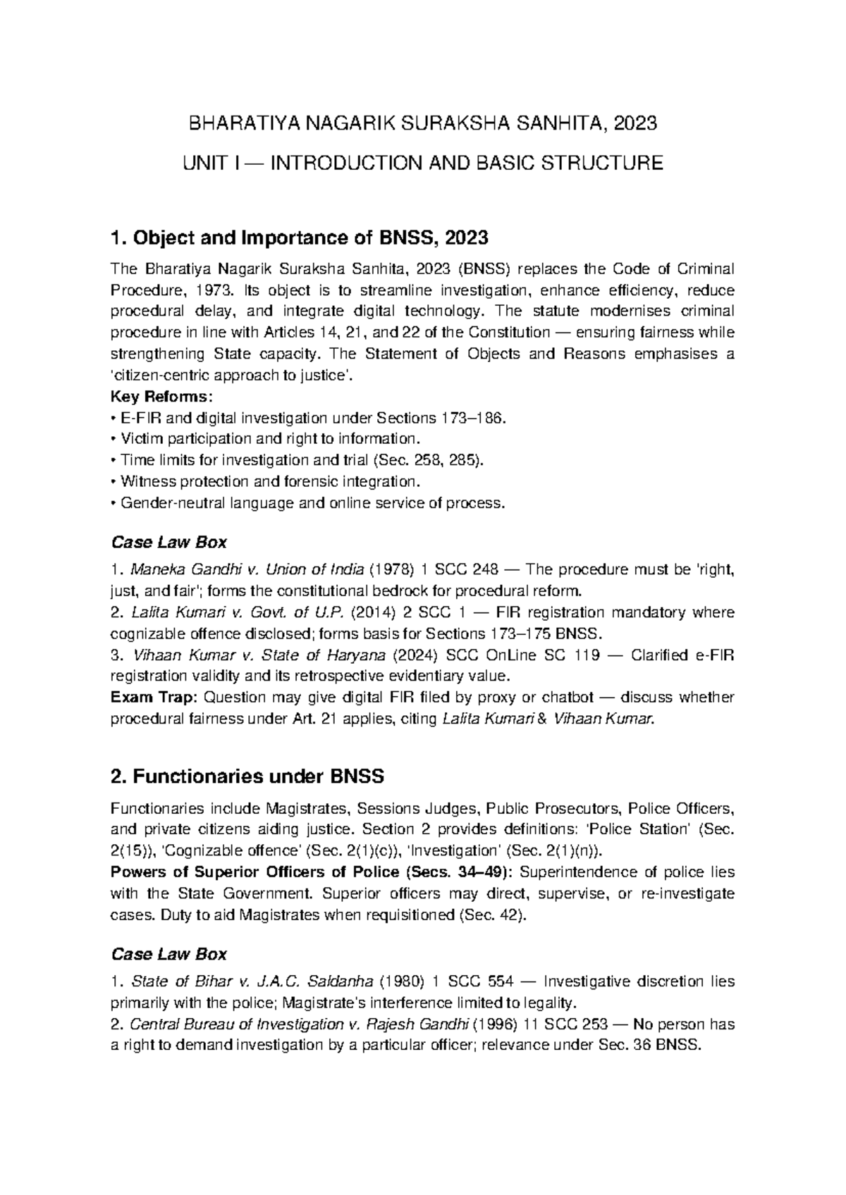 BNSS 2023 Unit I: Intro & Basic Structure Practical Notes - Studocu