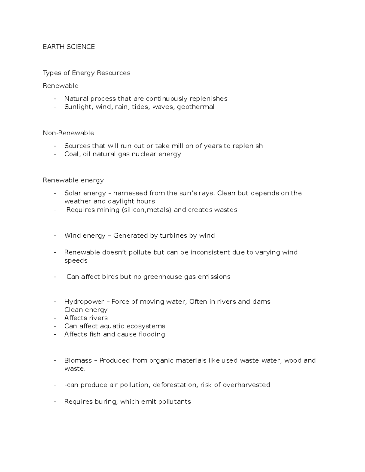 Earth Science - Types of Energy Resources Overview - Studocu