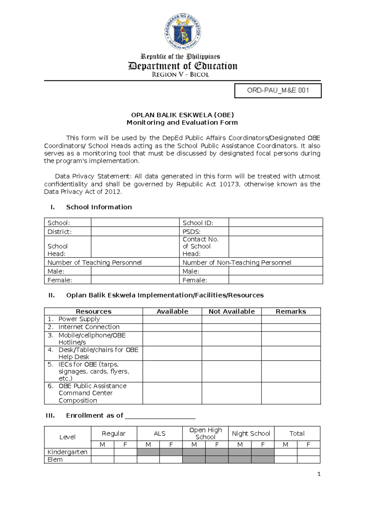 001 OBE Monitoring & Evaluation Form for Balik Eskwela 2026 - Studocu