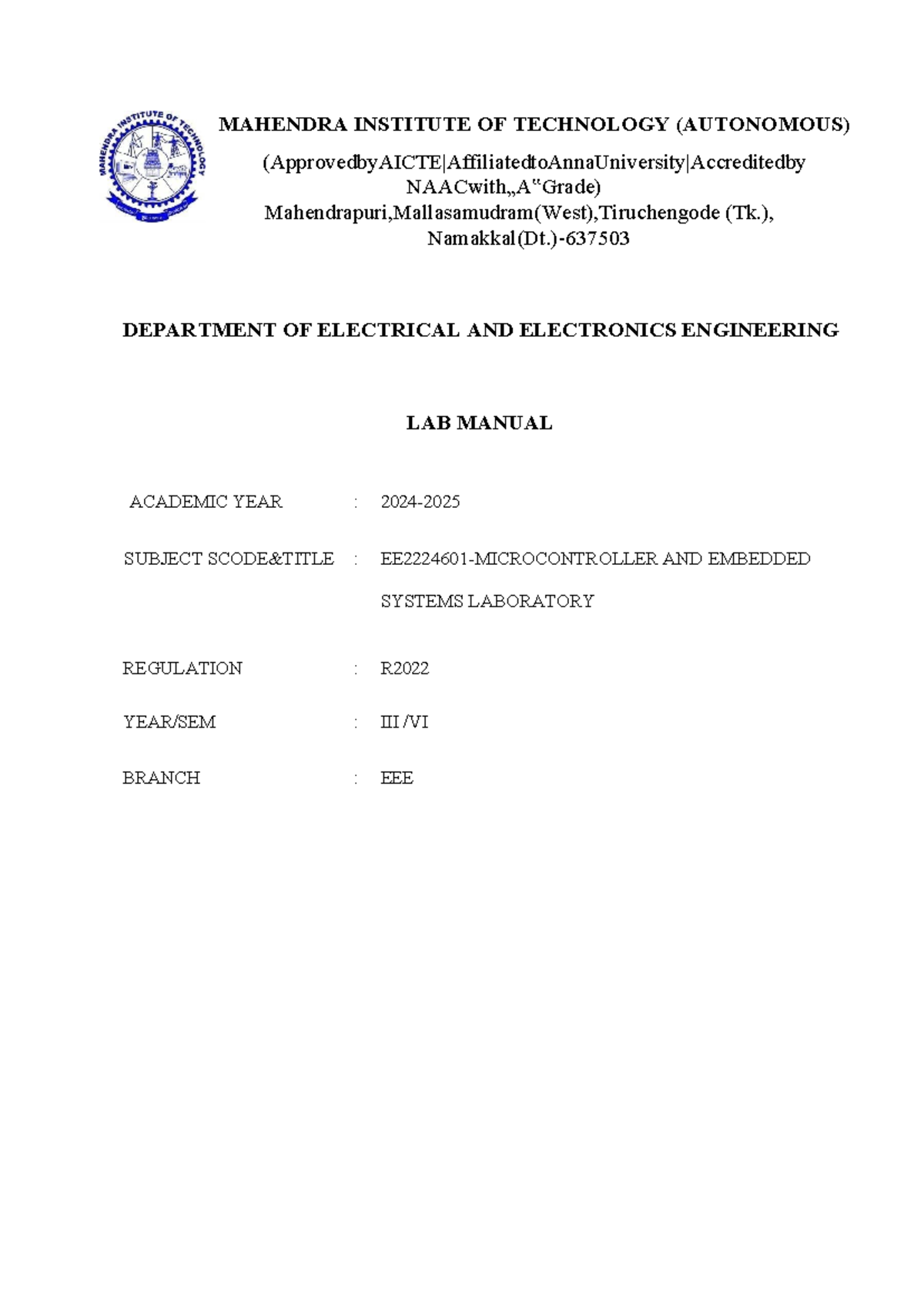 MAHENDRA INSTITUTE OF TECHNOLOGY EEE 8051 Microcontroller Lab Manual ...