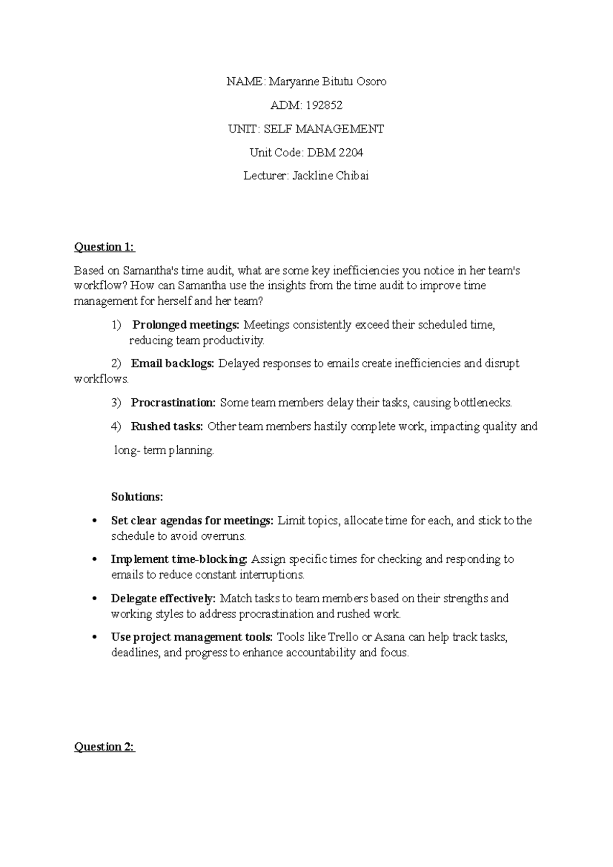 DBM 2204 Self Management Assignment: Improving Team Efficiency and ...