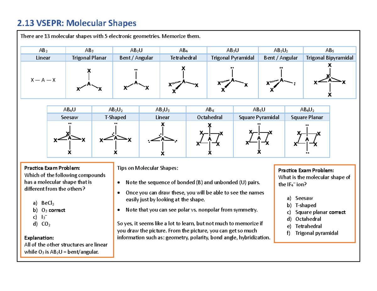 VSEPR Theory: Molecular Shapes and Exam Practice for Chem 101 - 2 VSEPR ...