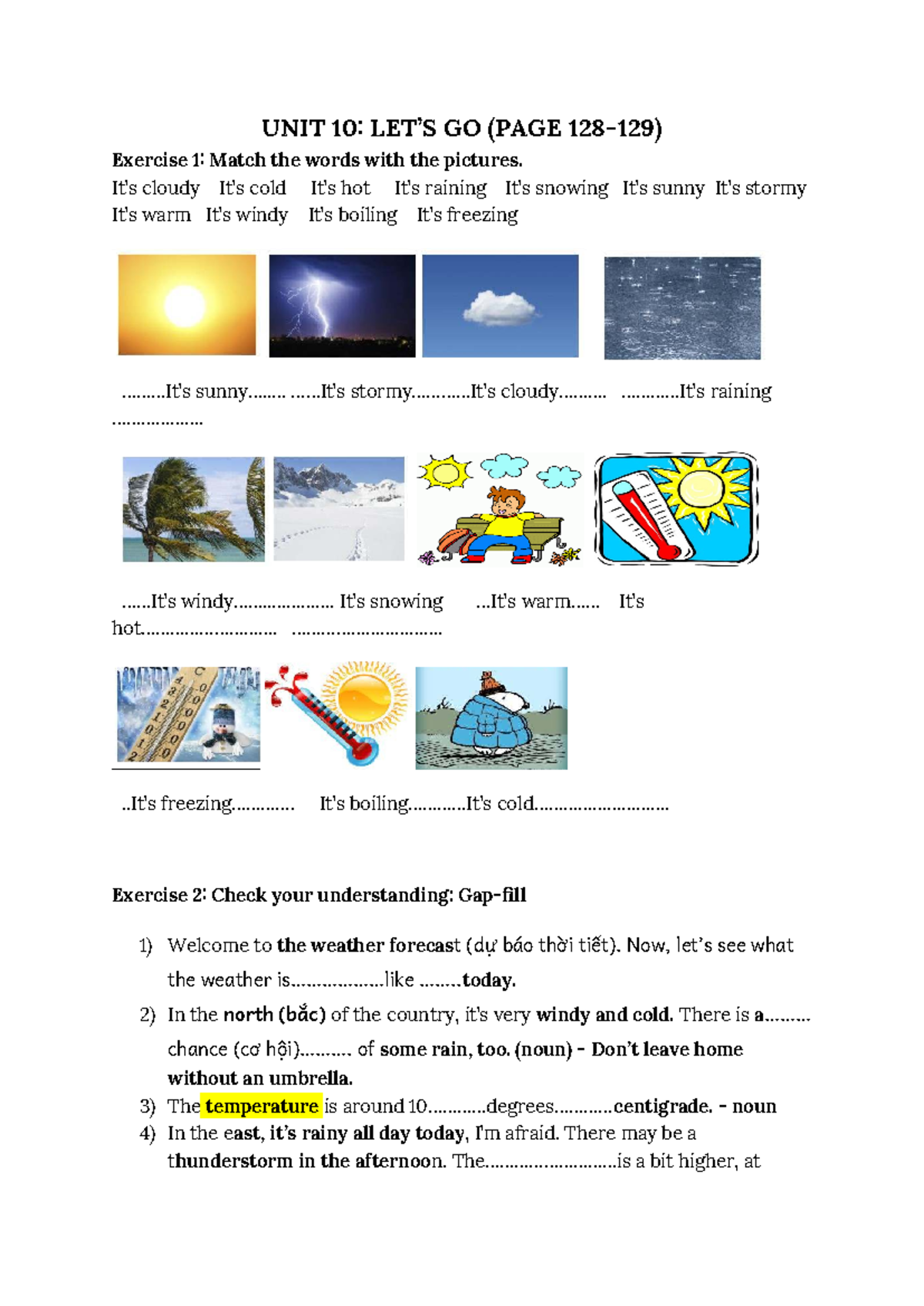 UNIT 10: LET'S GO - Weather Vocabulary Practice Answer Keys - Studocu