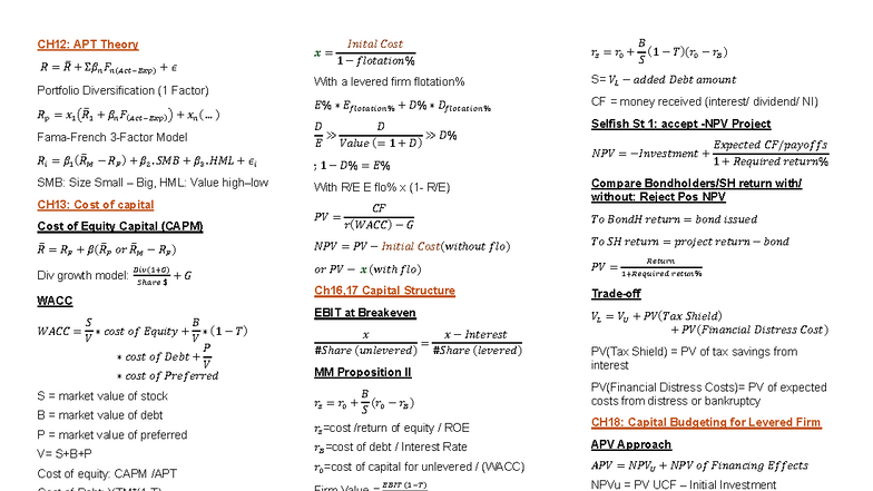 Advanced Finance Finals: CH12-CH30 Key Formulas and Concepts - Studocu