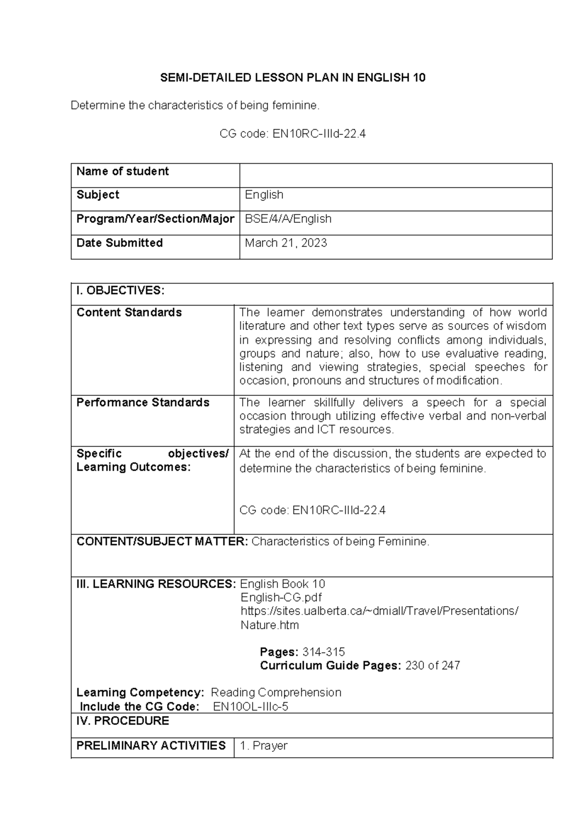 SEMI Detailed Lesson Plan in English 10: Characteristics of Femininity ...