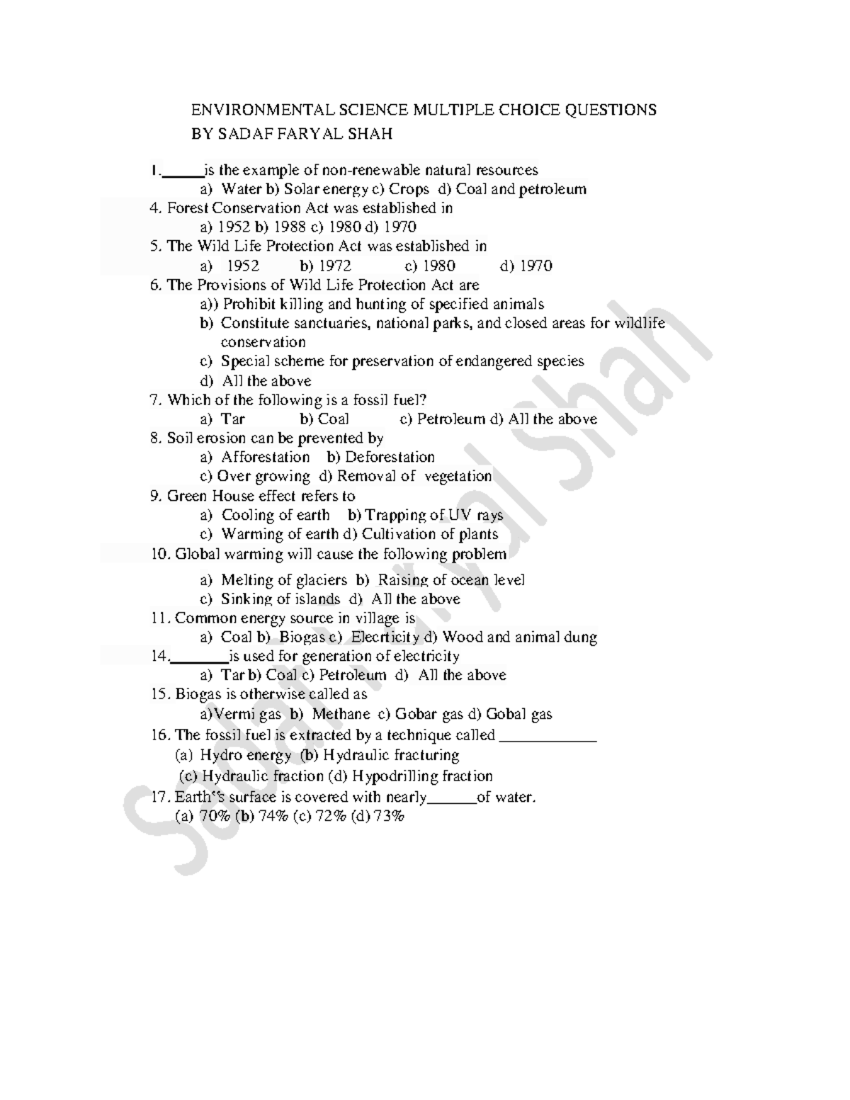 Environmental Science MCQ Practice Questions - Comprehensive Study ...