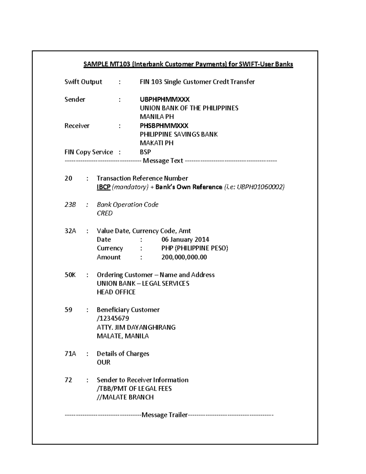 Sample MT103 (IBCP) via Swift - SAMPLE MT103 (Interbank Customer ...