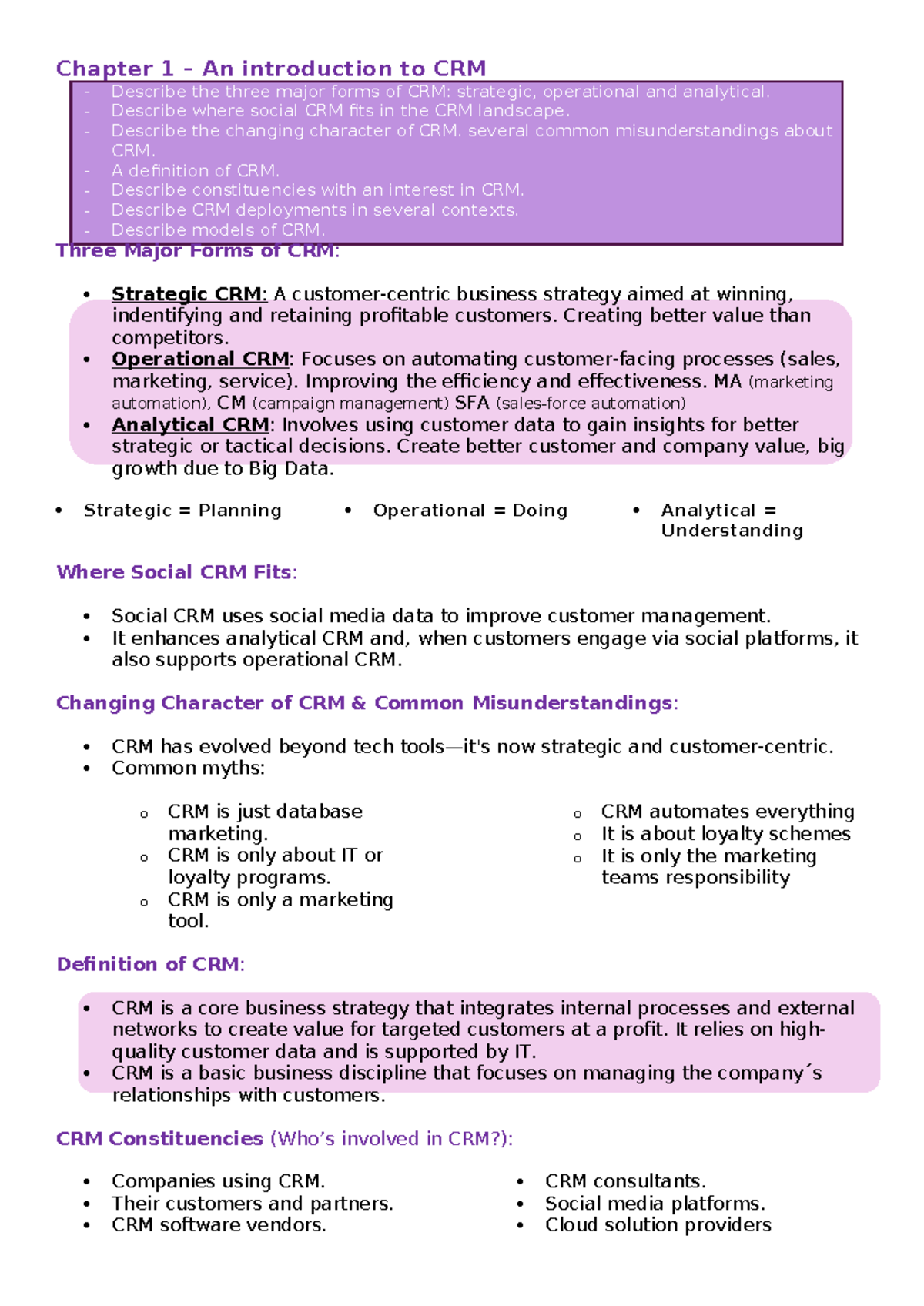 CRM Learning Outcomes: Chapters 1-14 Overview and Key Concepts - Studocu