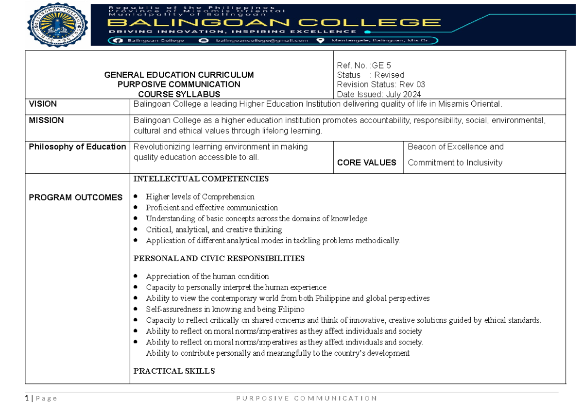 GE 5 - Purposive Communication Course Syllabus and Outcomes Guide - Studocu