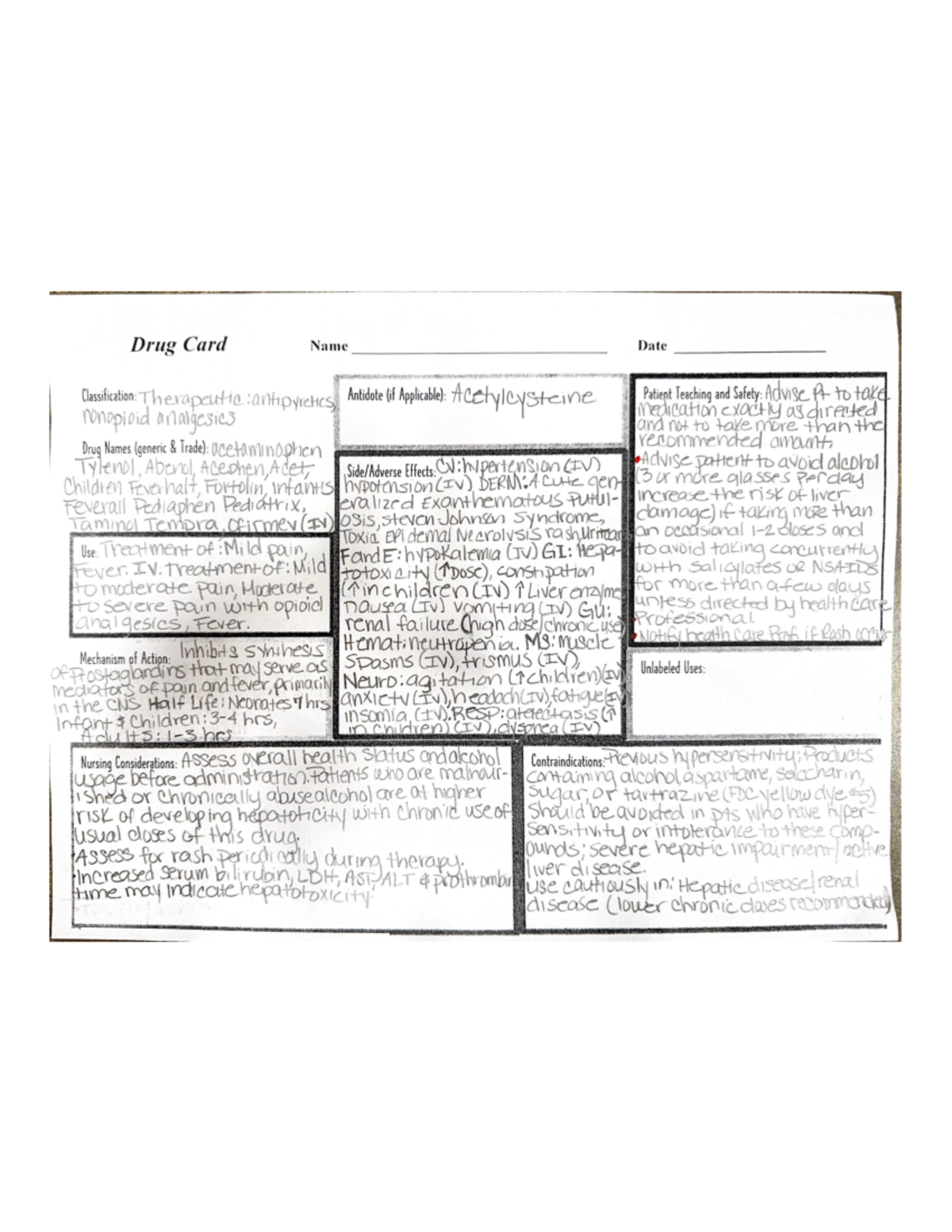 Week 2 Drug Card: Acetaminophen & Patient Safety Guidelines - Studocu