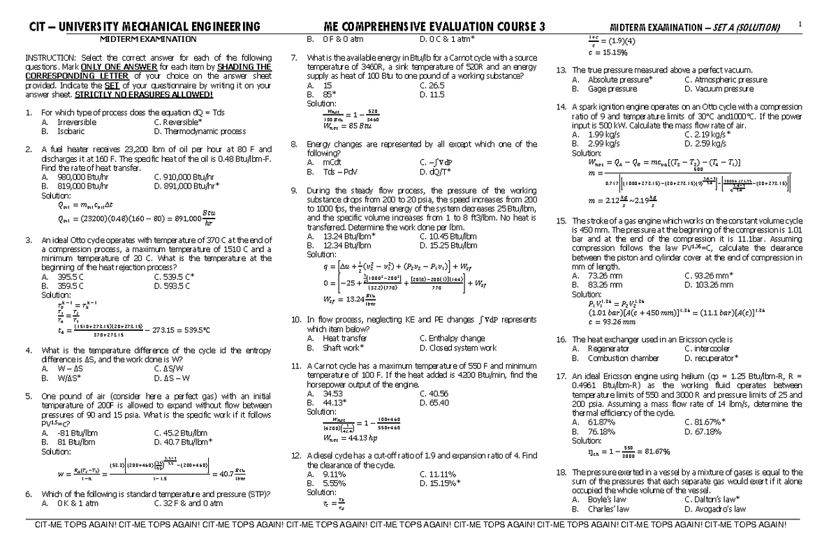 CIT ME ME Comprehensive Evaluation Course 3 Midterm Exam SET A Solutions - Studocu