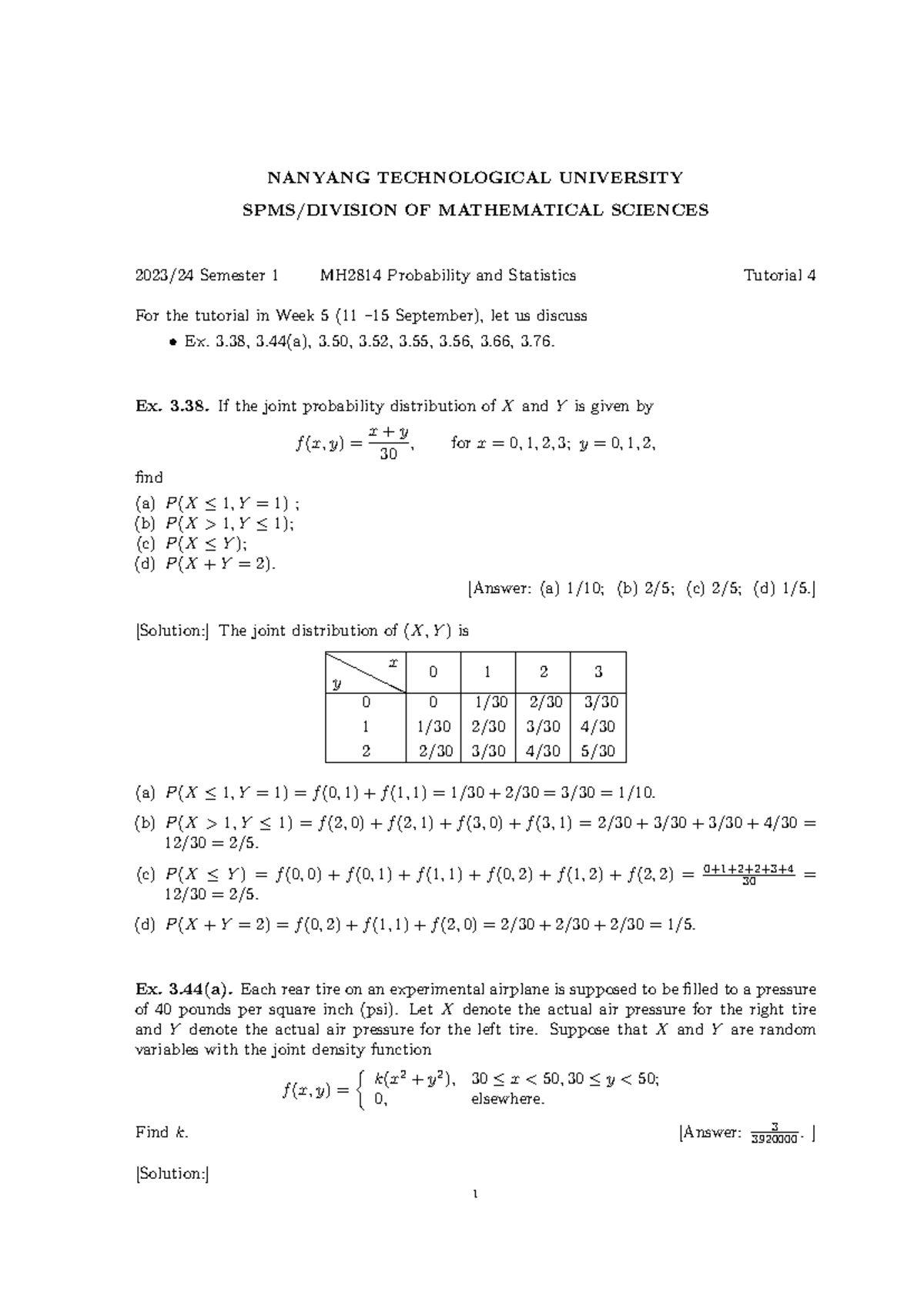 MH2814 Probability and Statistics Tutorial 4 Solutions and Explanations ...