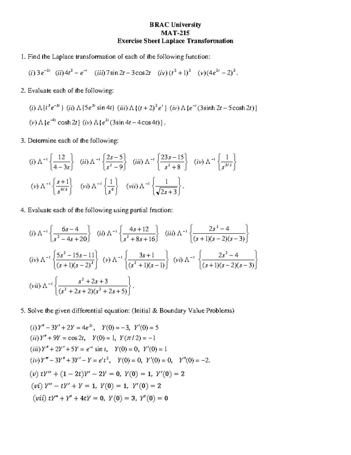 Exercise Sheet Laplace Transform #4 - BRAC University MAT- 215 Exercise ...