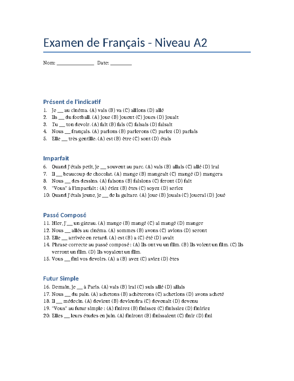 Examen de Français A2: Questions et Réponses Complet - Studocu