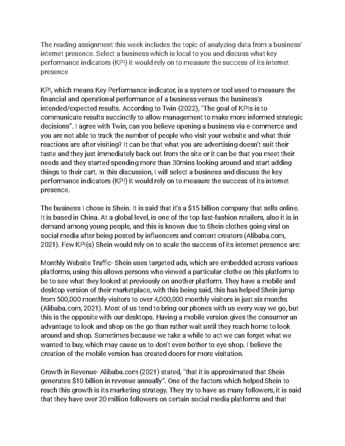 BUS 2202 Unit 4 Discussion: Analyzing KPIs for Shein's Web Success - Studocu