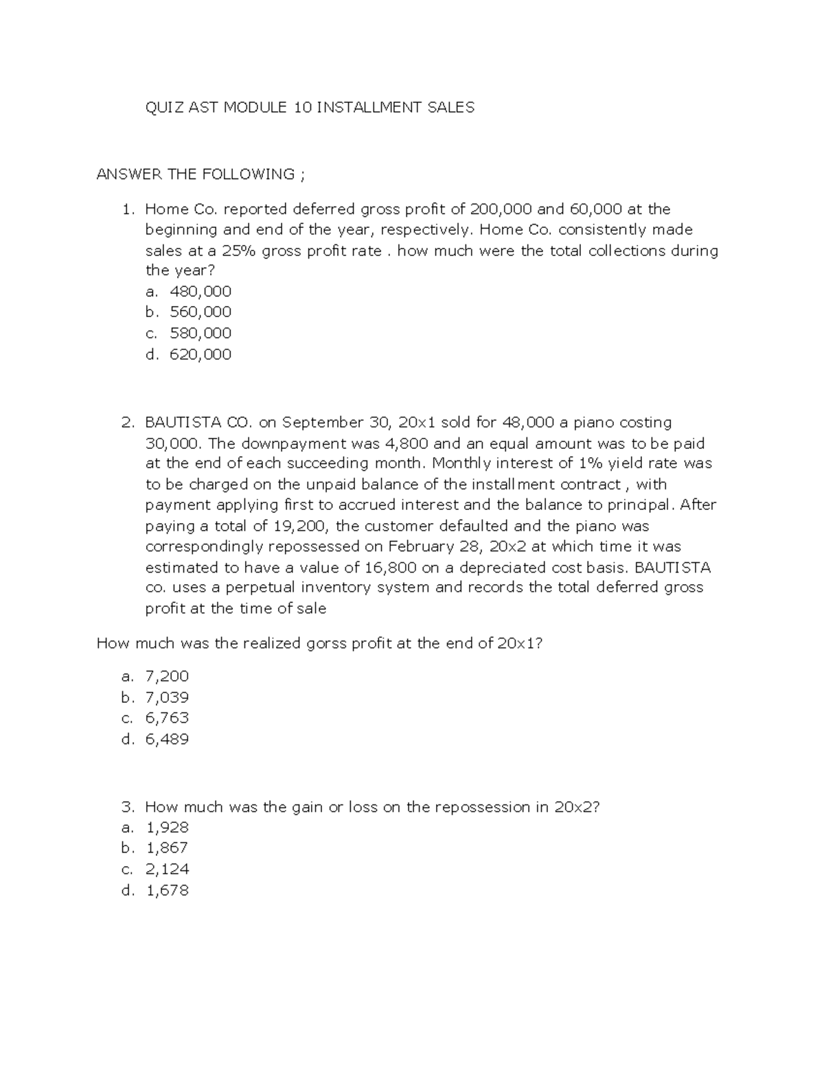 Quiz AST Module 10: Practice Exam Questions on Installment Sales - Studocu