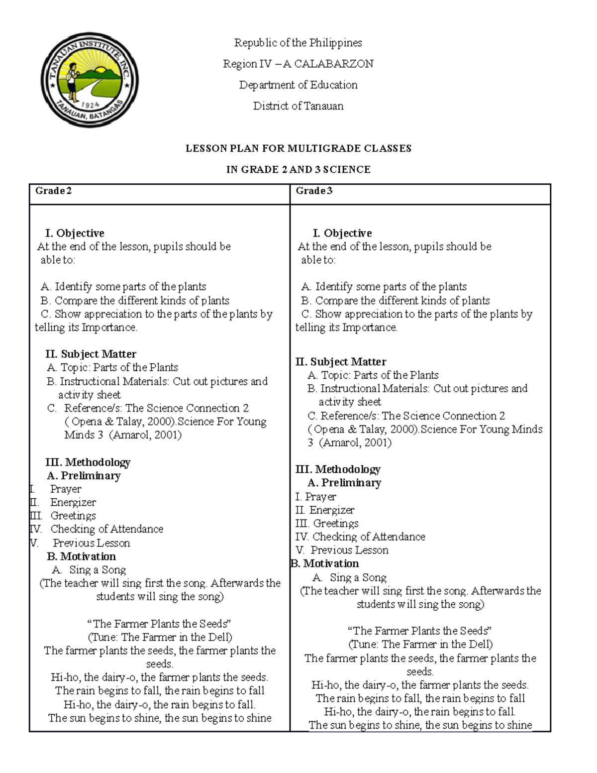 Multi-Grade Science Lesson Plan: Parts of Plants for Grades 2-3 - Studocu